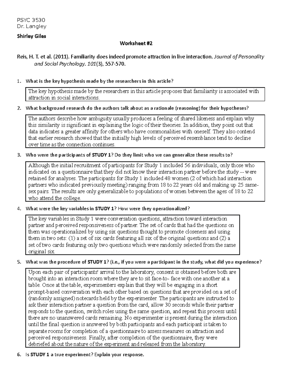 Worksheet 2 - Summer (3) - PSYC 3530 Dr. Langley Shirley Giles Worksheet # Reis, H. T. et al ...