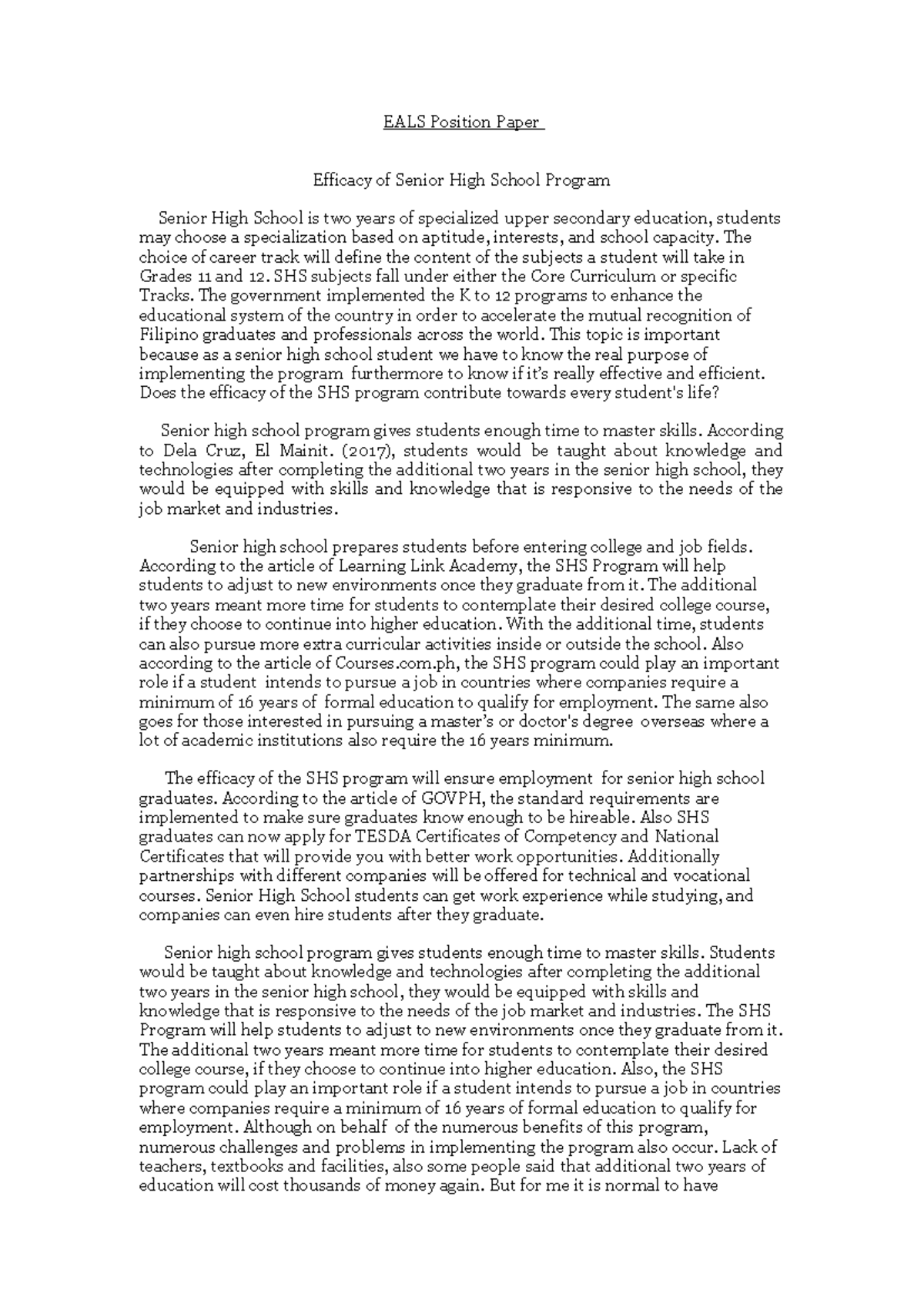 Position paper - EALS Position Paper Efficacy of Senior High School ...
