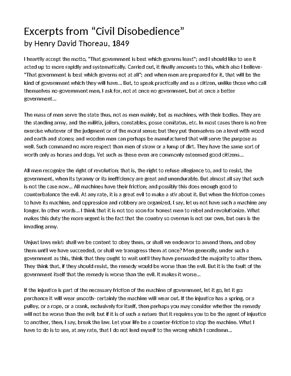 A3. Excerpts from Civil Disobedience - Excerpts from “Civil ...