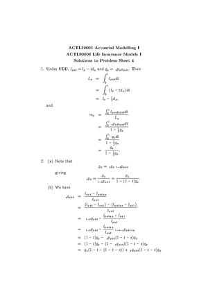 Solutions 2 - tutorial - ACTL30001 Actuarial Modelling I ACTL90006 Life Insurance Models I ...