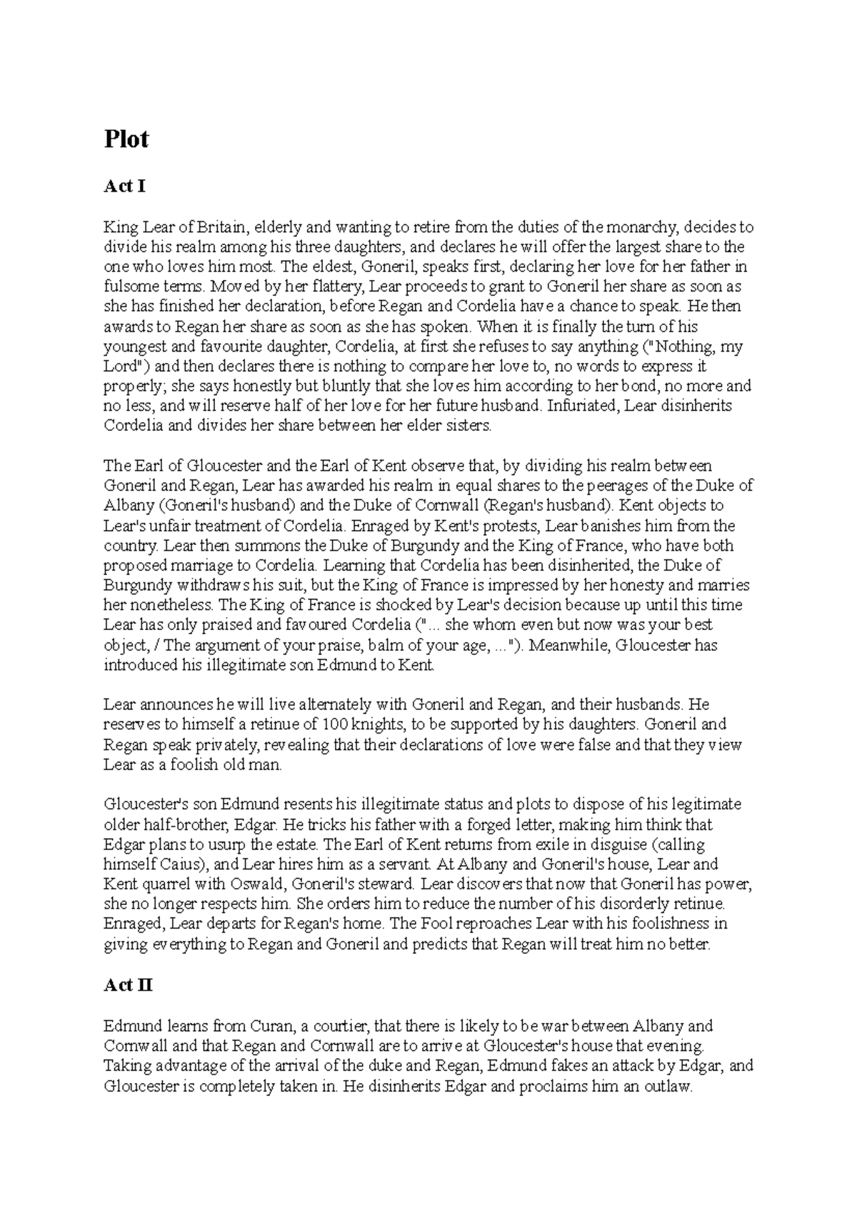 King Lear analysis - Plot Act I King Lear of Britain, elderly and ...