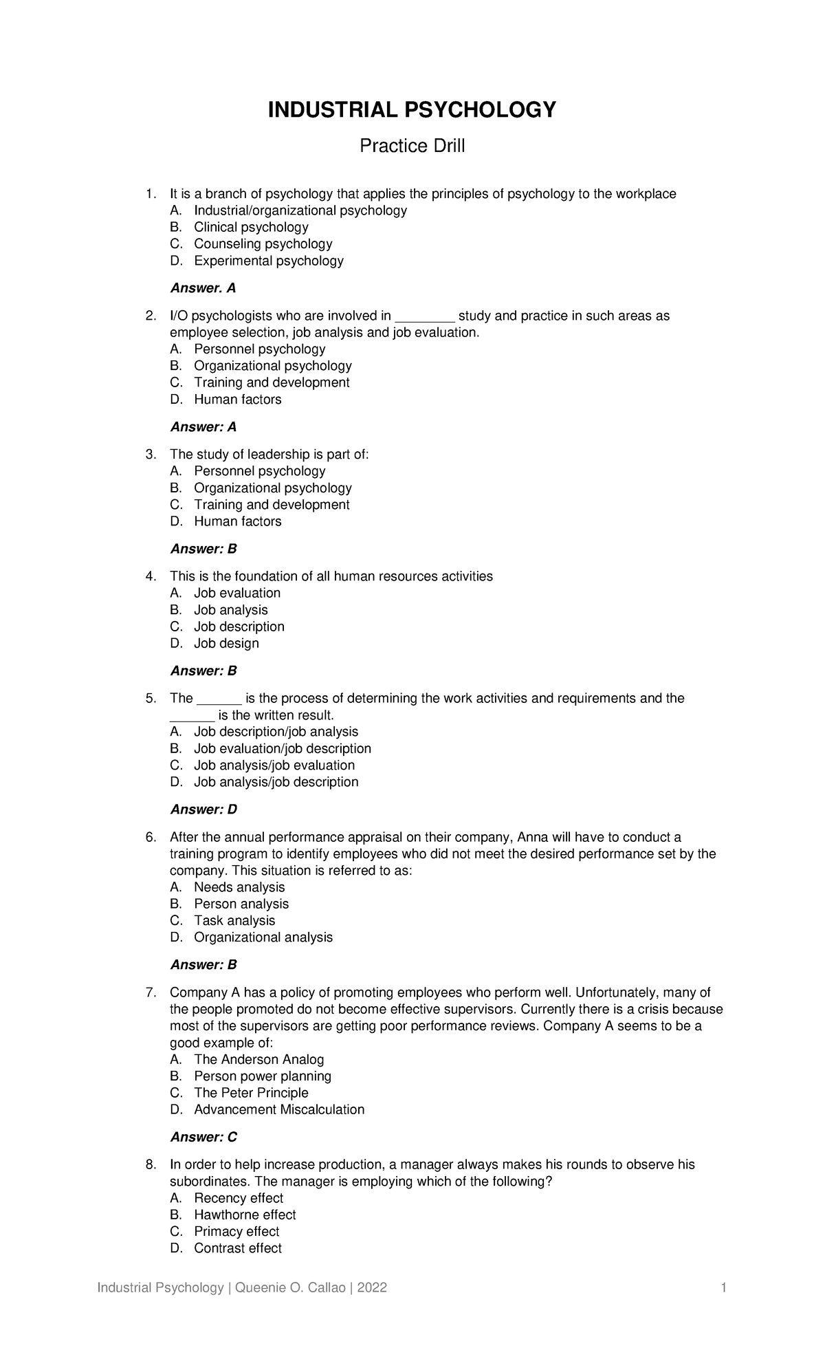 Practice test - Industrial Psychology - INDUSTRIAL PSYCHOLOGY Practice ...