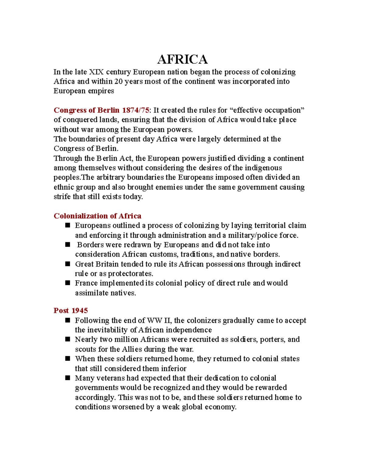 Notes on Africa - AFRICA In the late XIX century European nation began ...