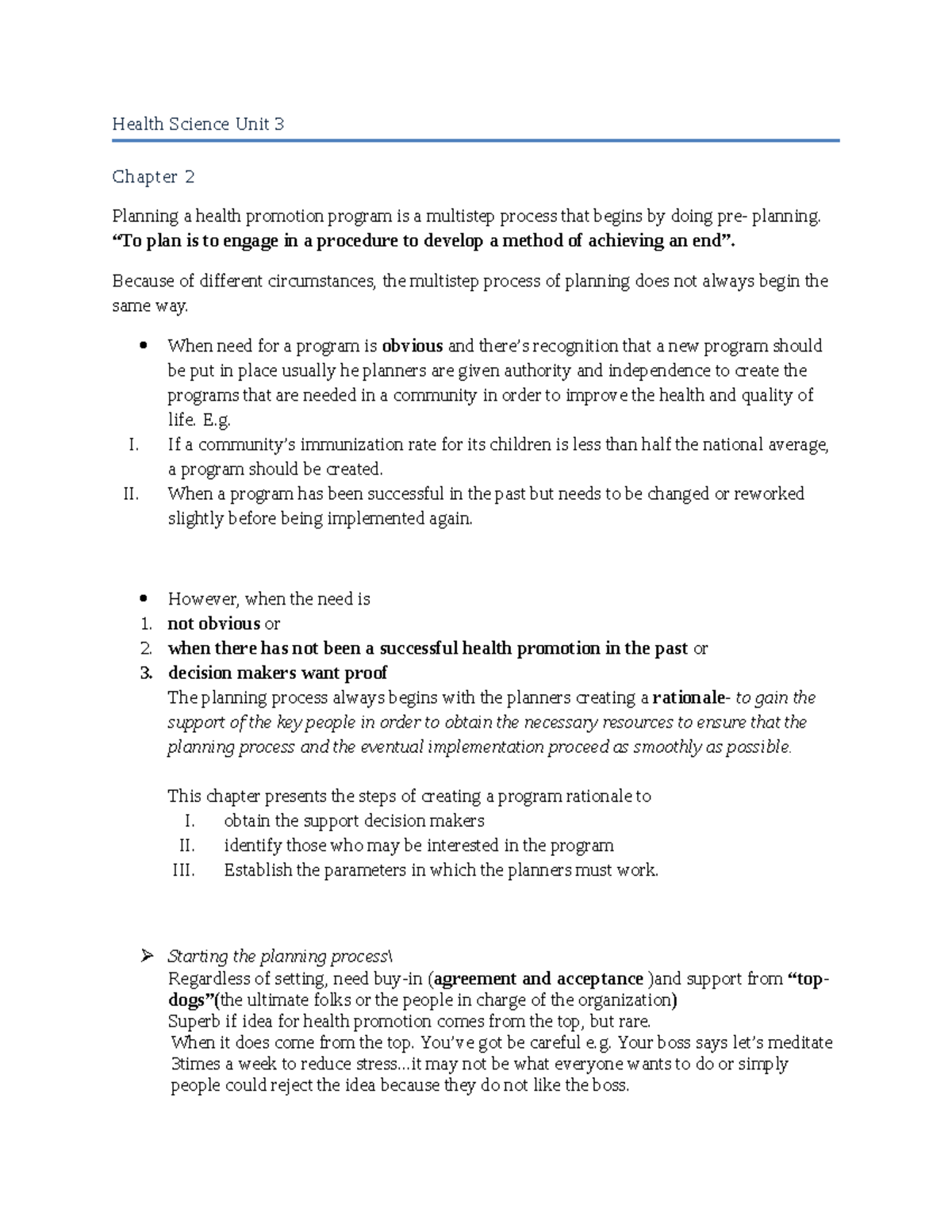 Health Science Unit 3 - LEC - Health Science Unit 3 Chapter 2 Planning ...