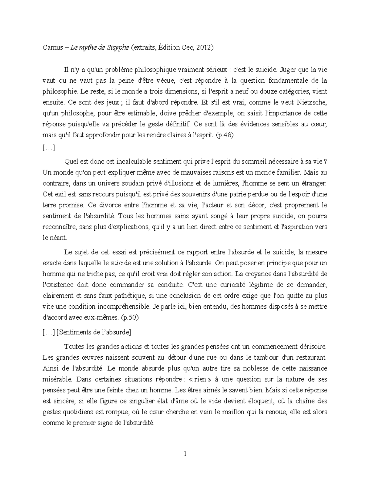 Camus - Le mythe de Sisyphe - Juger que la vie vaut ou ne vaut pas la ...