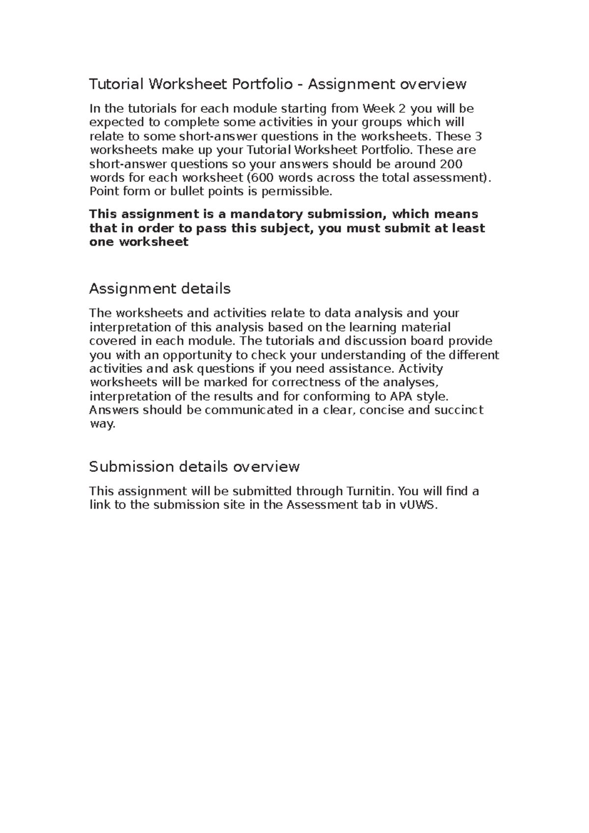 Tutorial Exercise Portfolio Task Description - Tutorial Worksheet Portfolio - Assignment ...