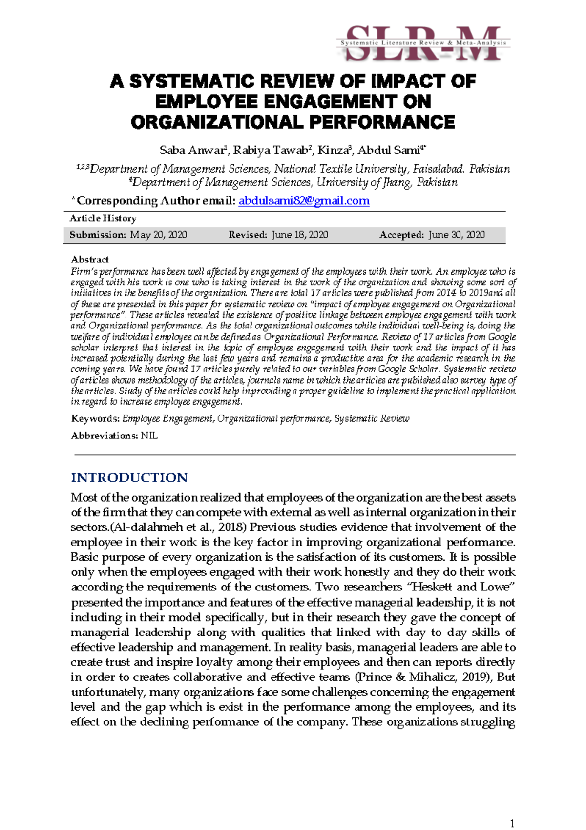 Sample Reviw article - 1 Saba Anwar 1 , Rabiya Tawab 2 , Kinza 3 ...