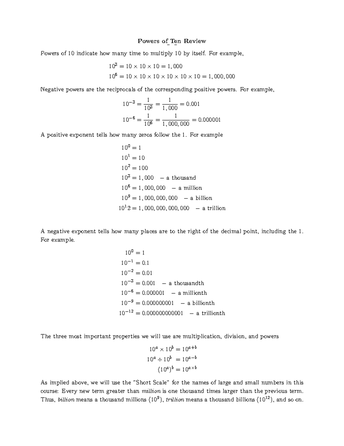 Scientific notation - notre - Powers of Ten Review– – Powers of 10 ...