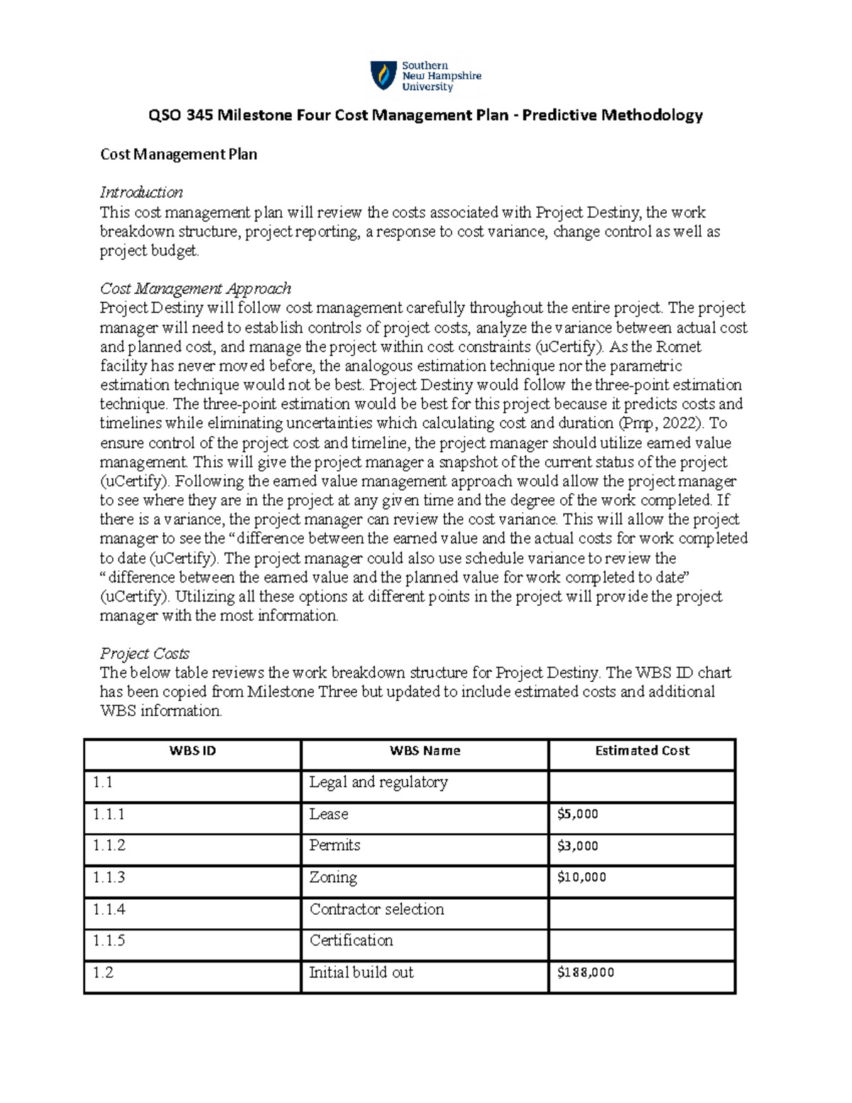 QSO 345 Milestone Four Cost Management Plan - Predictive - Cost ...