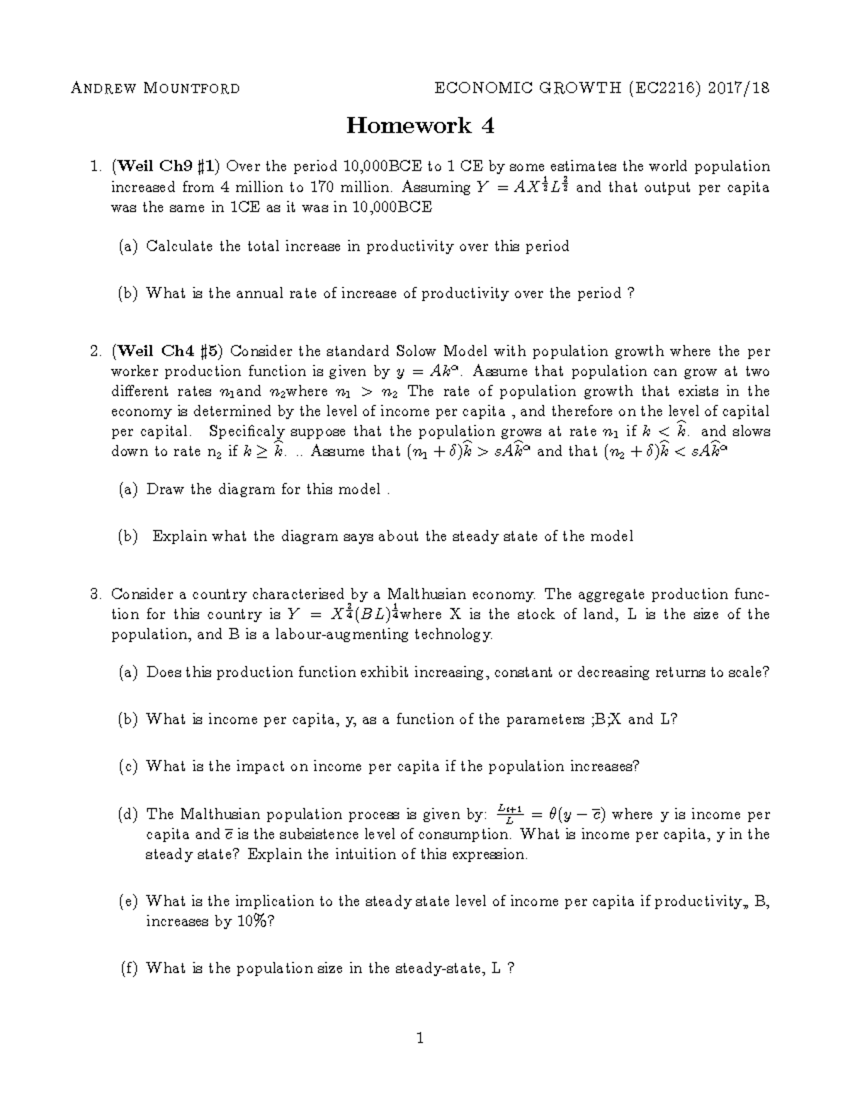 EC2216HW42017 - homework - Andrew Mountford ECONOMIC GROWTH (EC2216 ...