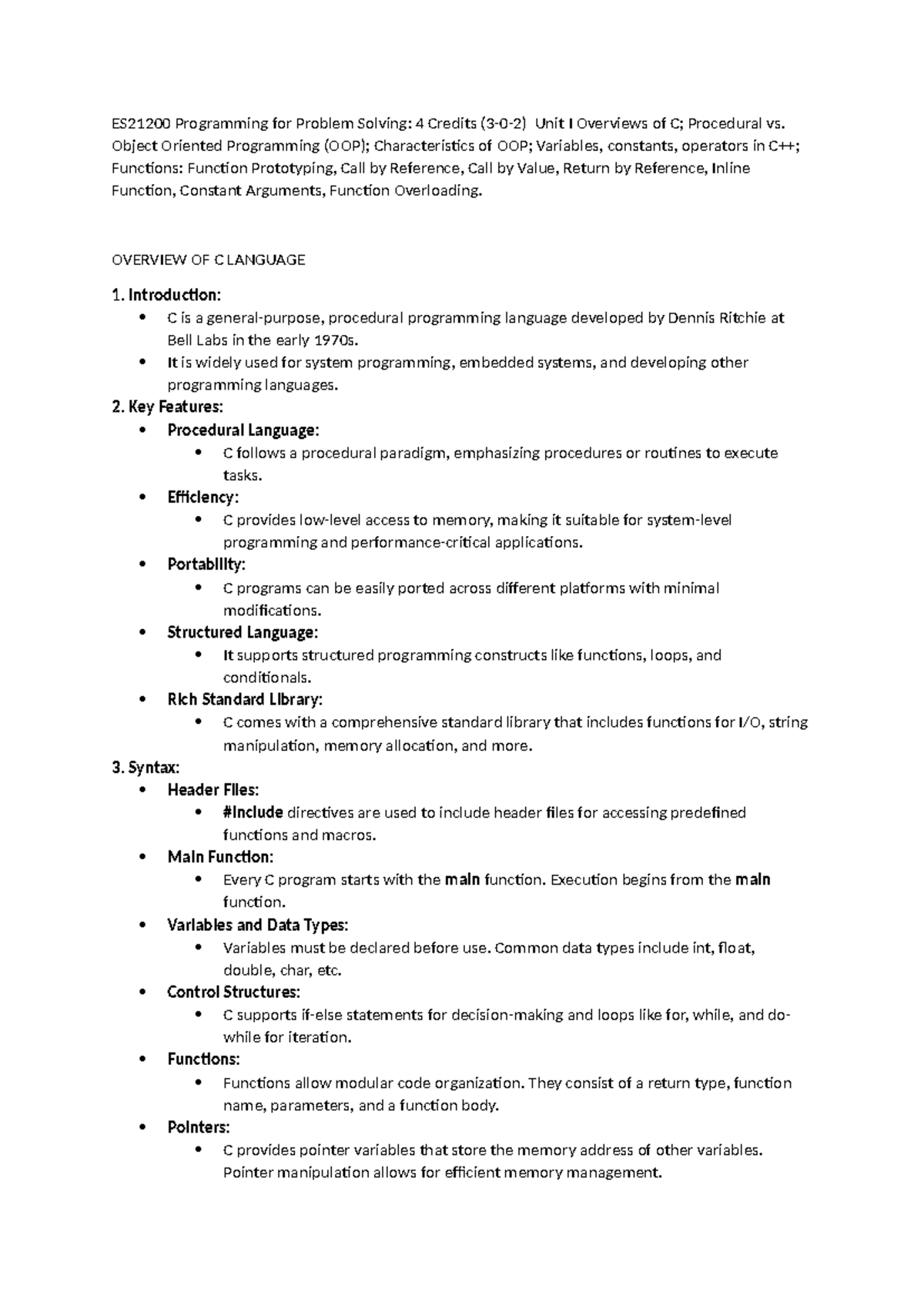 Unit 1 - pointers - ES21200 Programming for Problem Solving: 4 Credits (3-0-2) Unit I Overviews ...