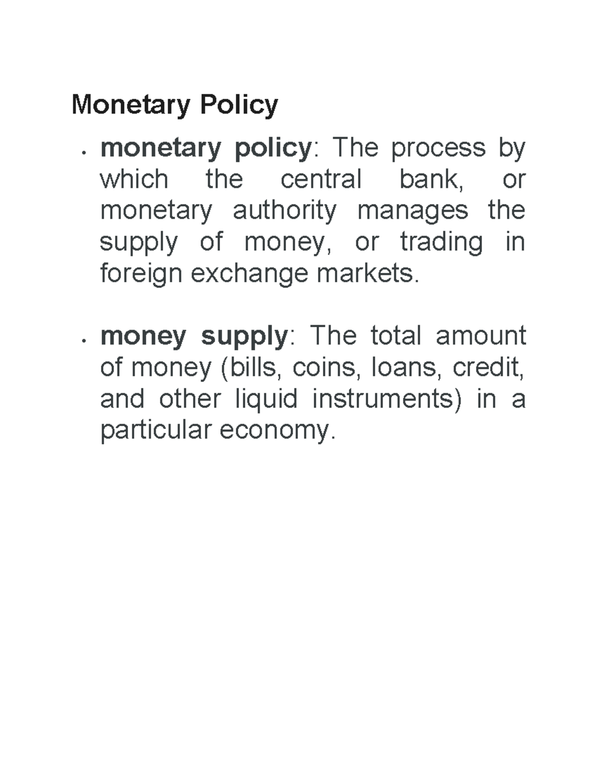 Monetary Policy - Notes - Monetary Policy monetary policy: The process ...