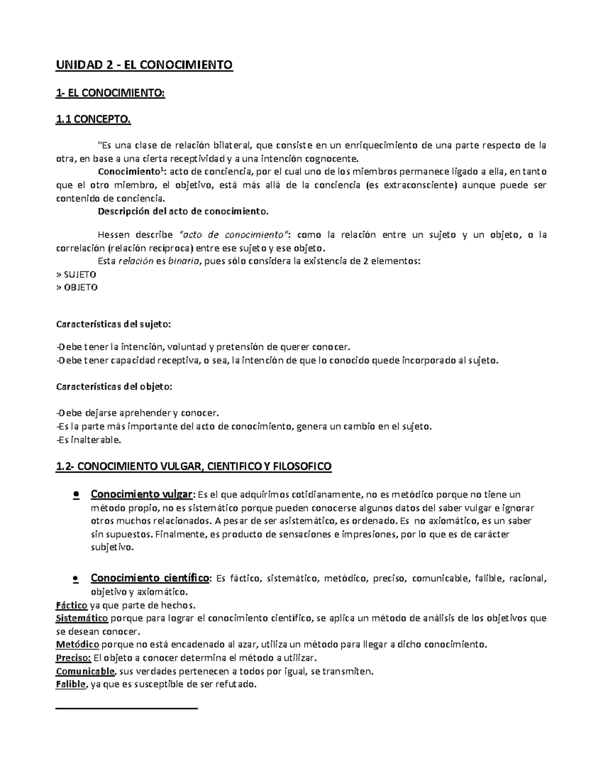 Unidad 2 EL Conocimiento - UNIDAD 2 - EL CONOCIMIENTO 1- EL ...