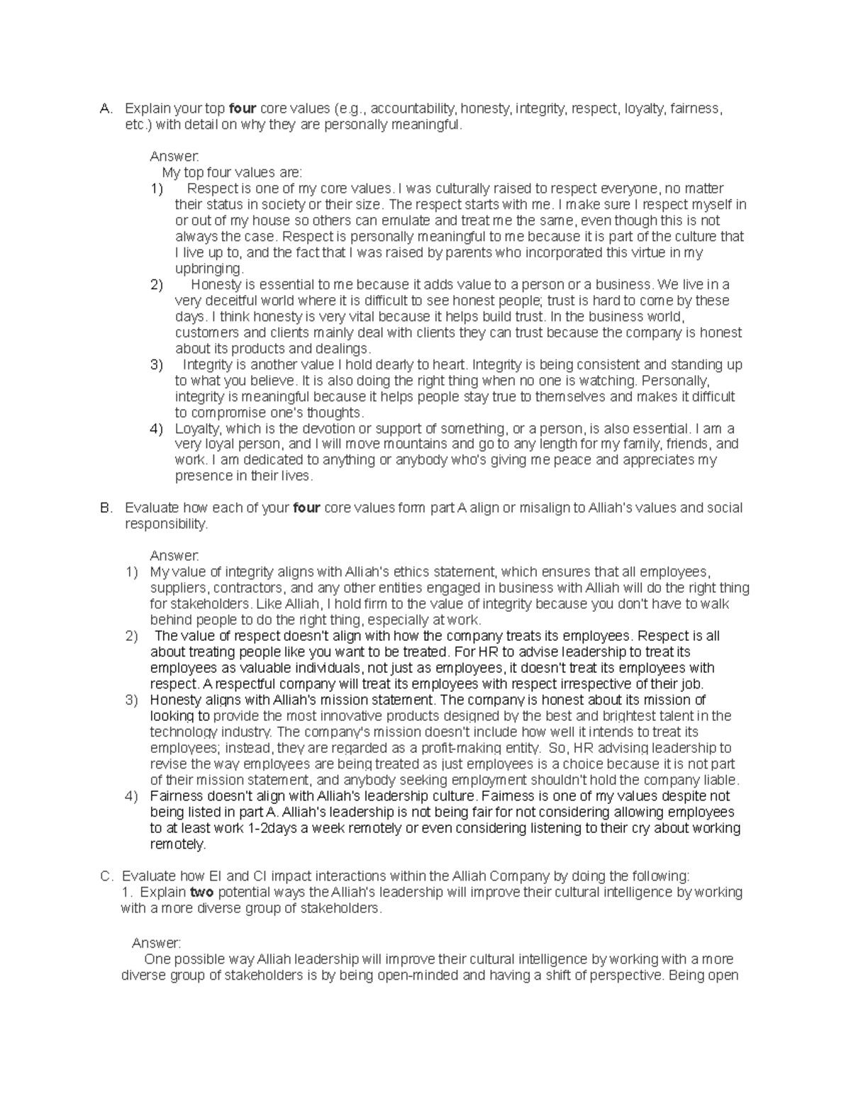 CHM1 TASK 2 - OA AND OA - A. Explain your top four core values (e ...