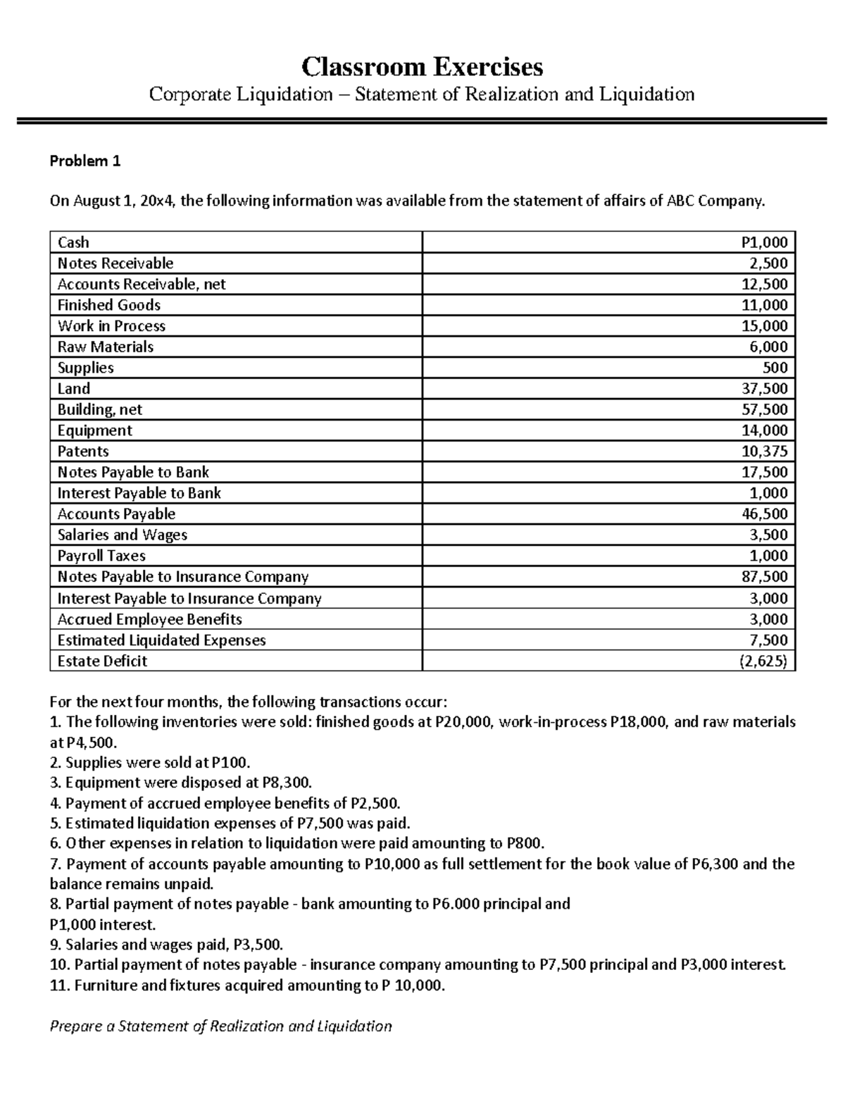 government accounting - Classroom Exercises Corporate Liquidation ...