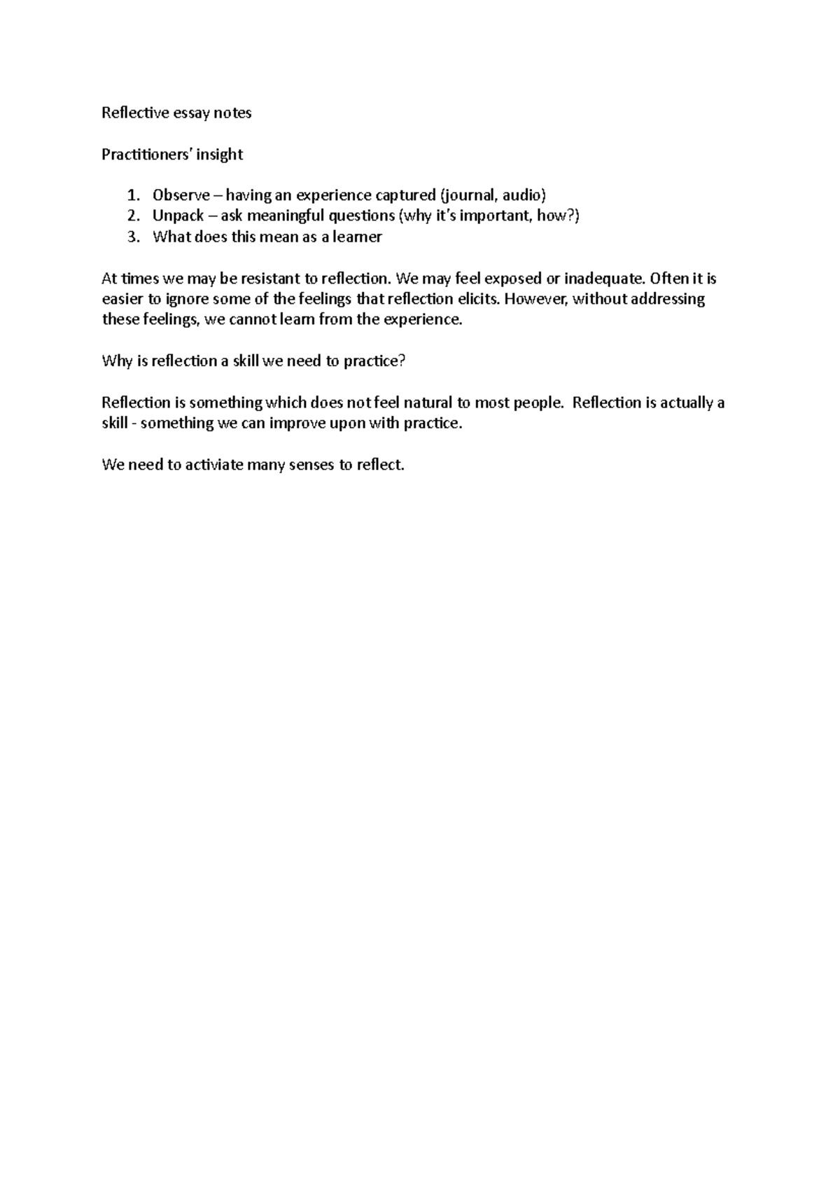 Reflective essay notes - Reflective essay notes Practitioners’ insight ...