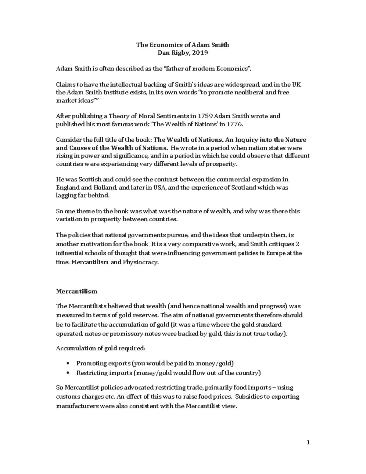 Smith-Notes - Mirco 1 notes on Adam Smith - The Economics of Adam Smith ...