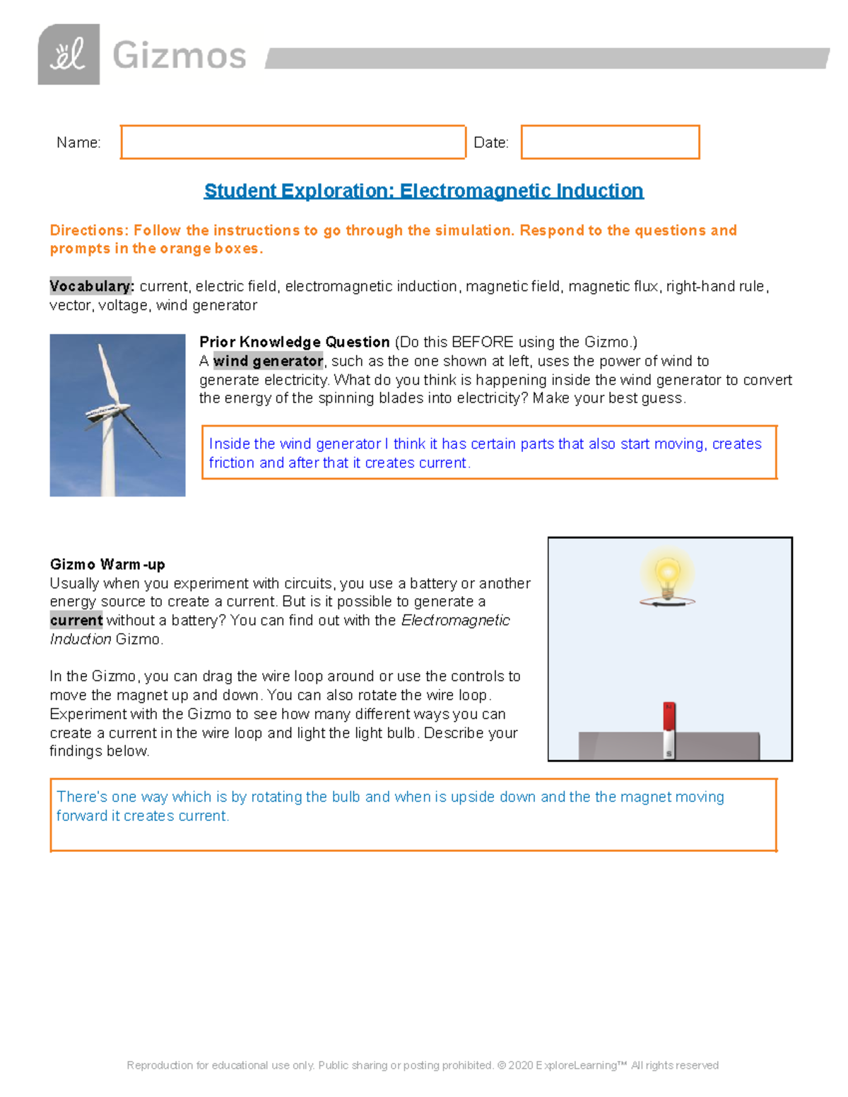 Rosa Hernandez Electromagnetic Induction Gizmos Lab Name Date