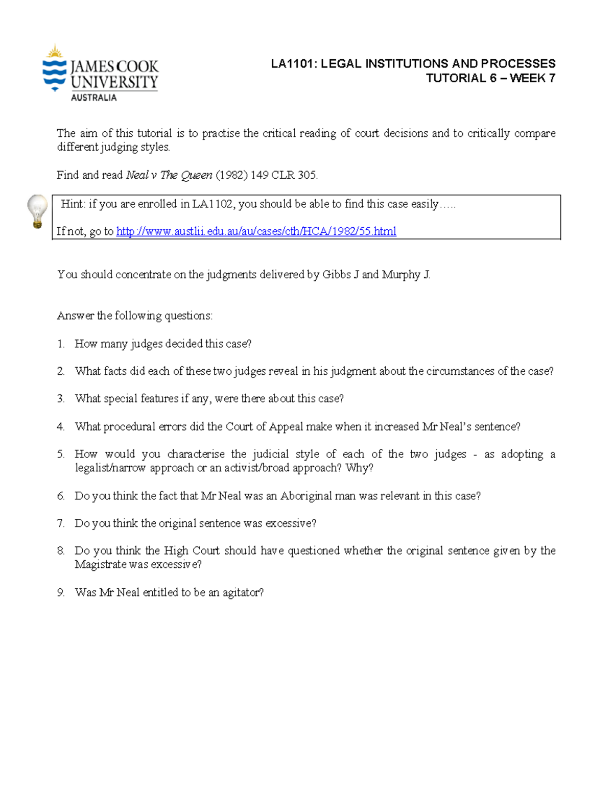 LA1101 tutorial 6 - tut questions for course - LA1101: LEGAL ...