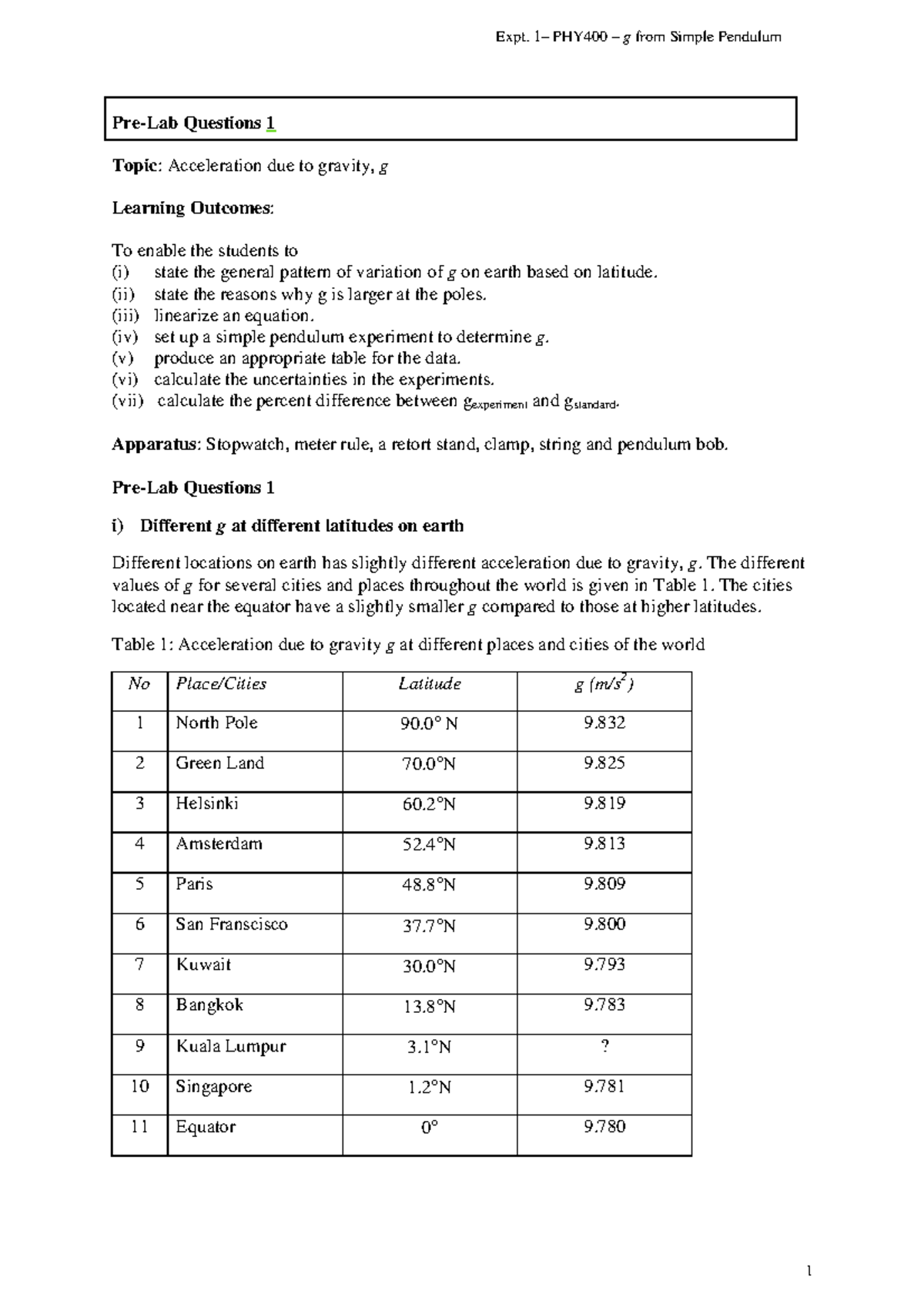 Expt 2 - PHY400 - g from simple pendulum - Pre-Lab Questions 1 Topic ...