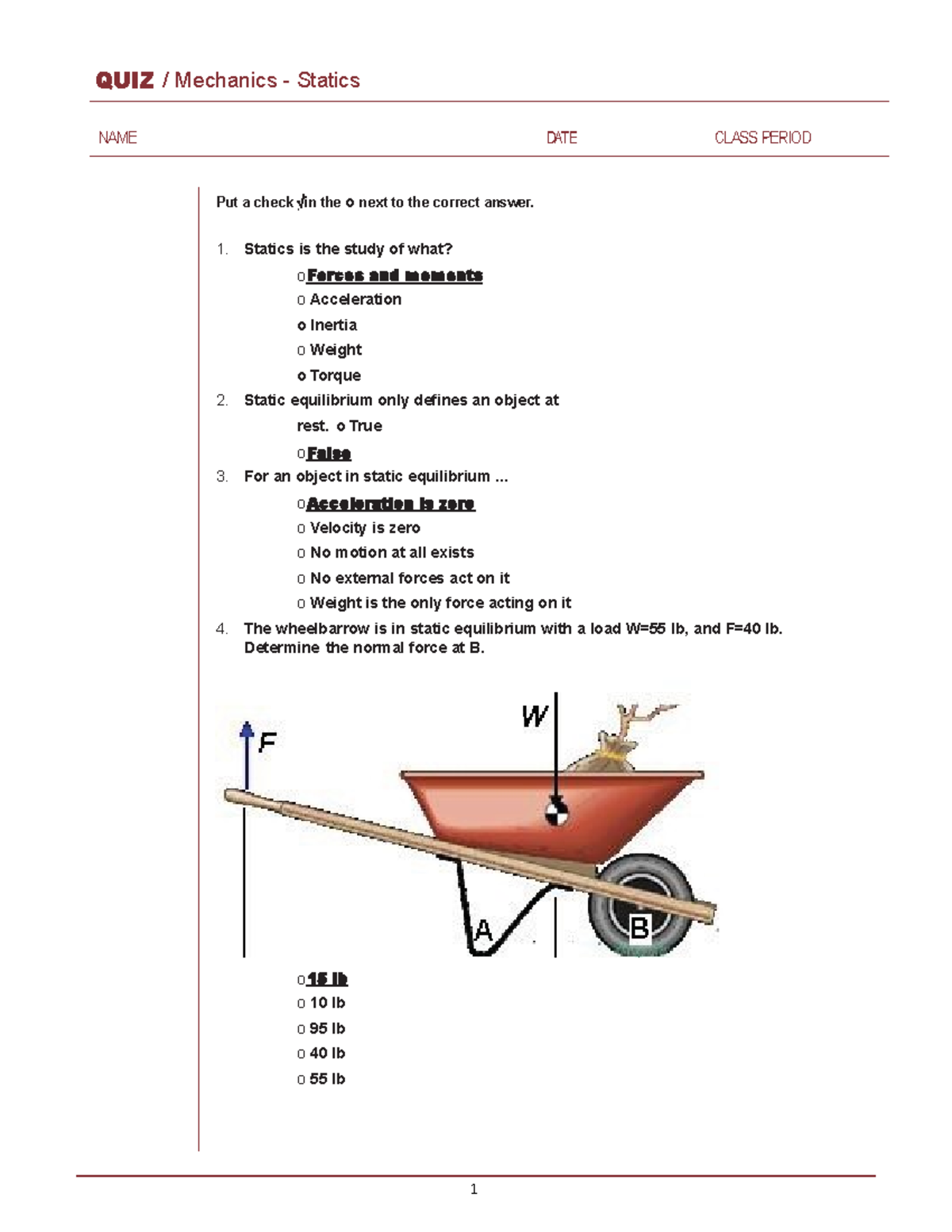 Lessons mechanics statics quiz answers - 1 QUIZ / Mechanics - Statics ...