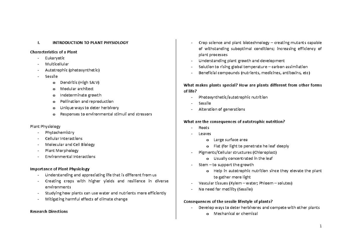 Plant physiology - I. INTRODUCTION TO PLANT PHYSIOLOGY Characteristics ...