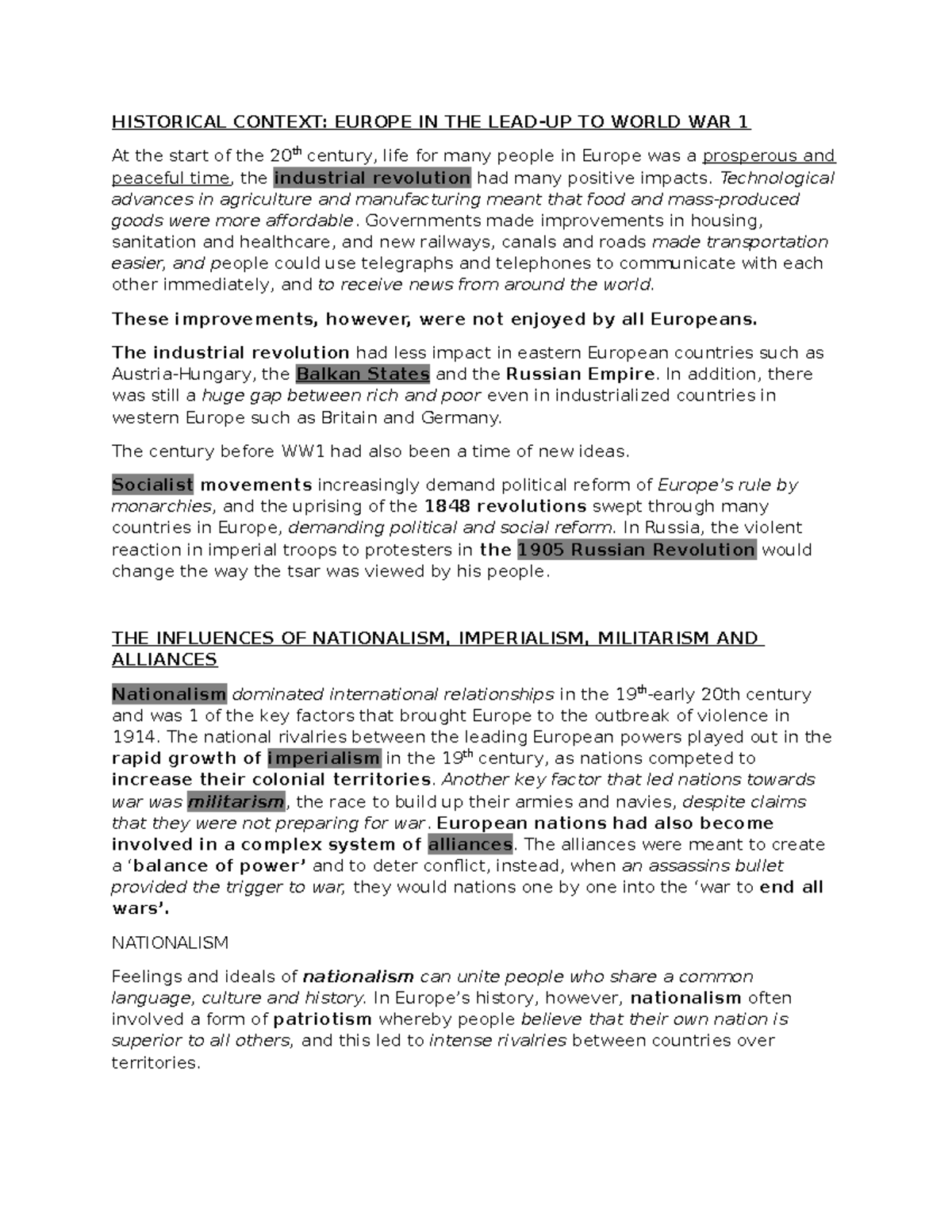 Term 3 summaries - WW1 Summary - HISTORICAL CONTEXT: EUROPE IN THE LEAD-UP TO WORLD WAR 1 At the ...