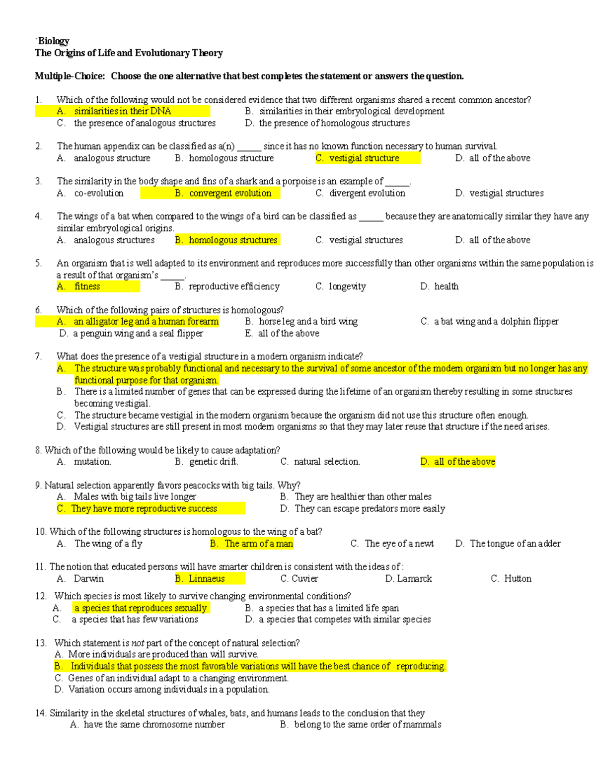 Biology - Natural Selection Answers - `Biology The Origins of Life and ...