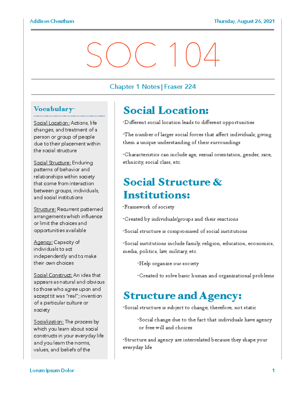 Chapter 1 - SOC 104 - Addison Cheatham Thursday, August 26, 2021 Social ...