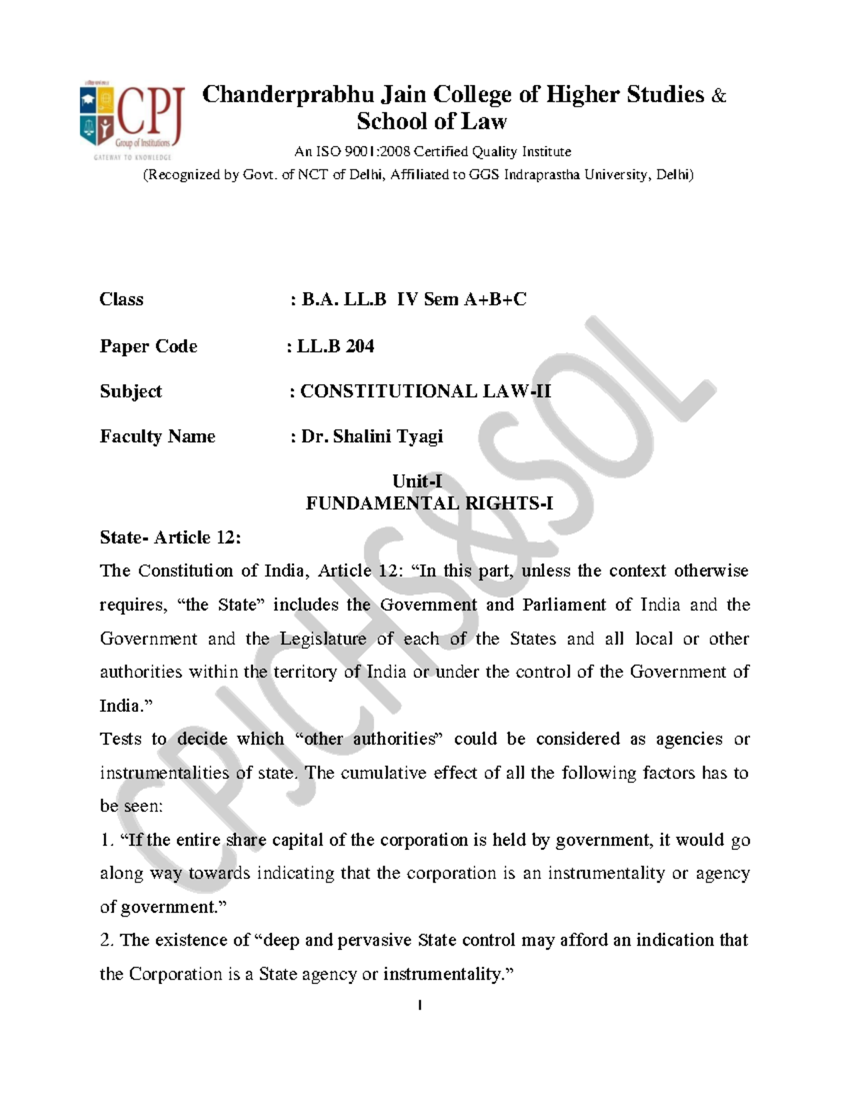 Unit-1 Constitution Law E-Notes LLB 204 - School of Law An ISO 9001: ...