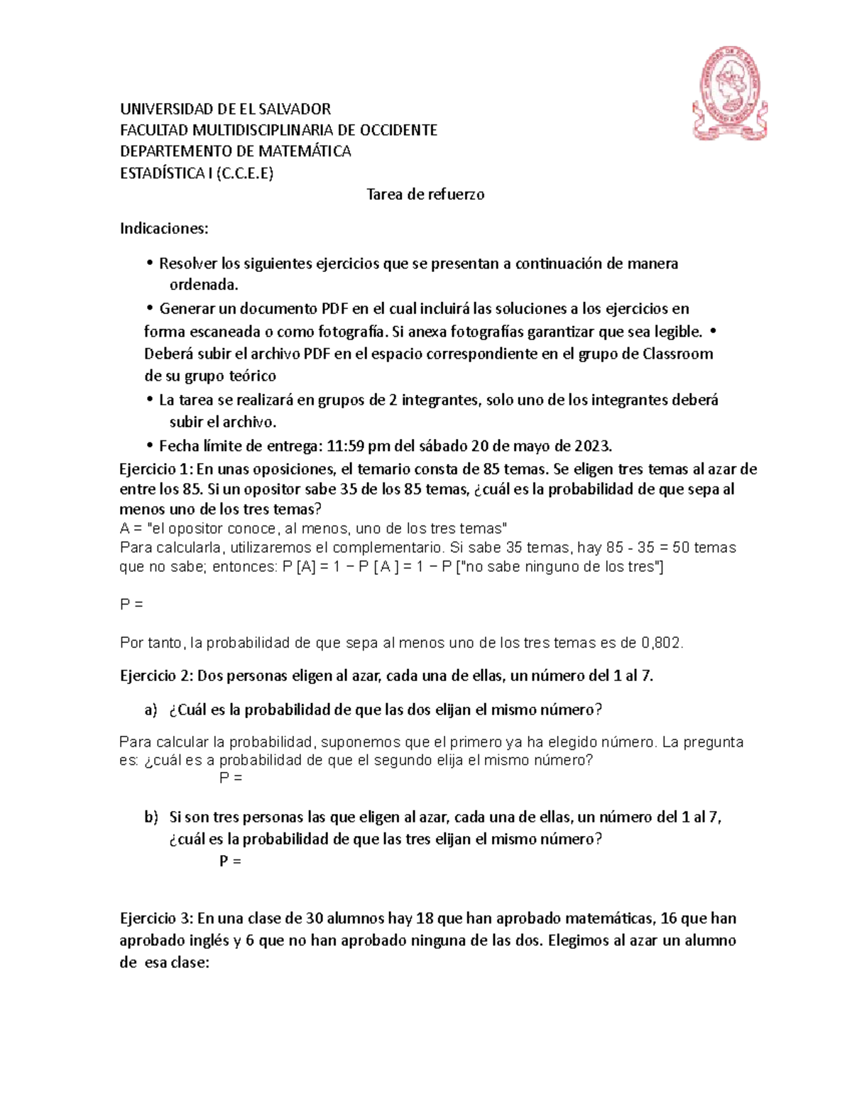 Tarea de Refuerzo N°3 Estadística I - contabilidad - UES - Studocu