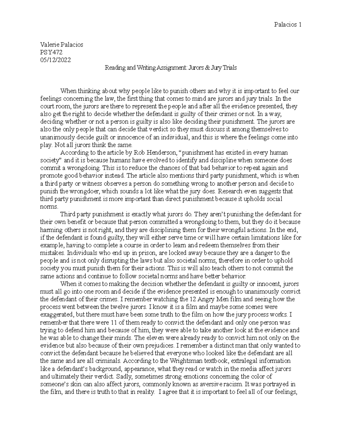 Reading and Writing Assignment - Palacios 1 Valerie Palacios PSY 05/12 ...