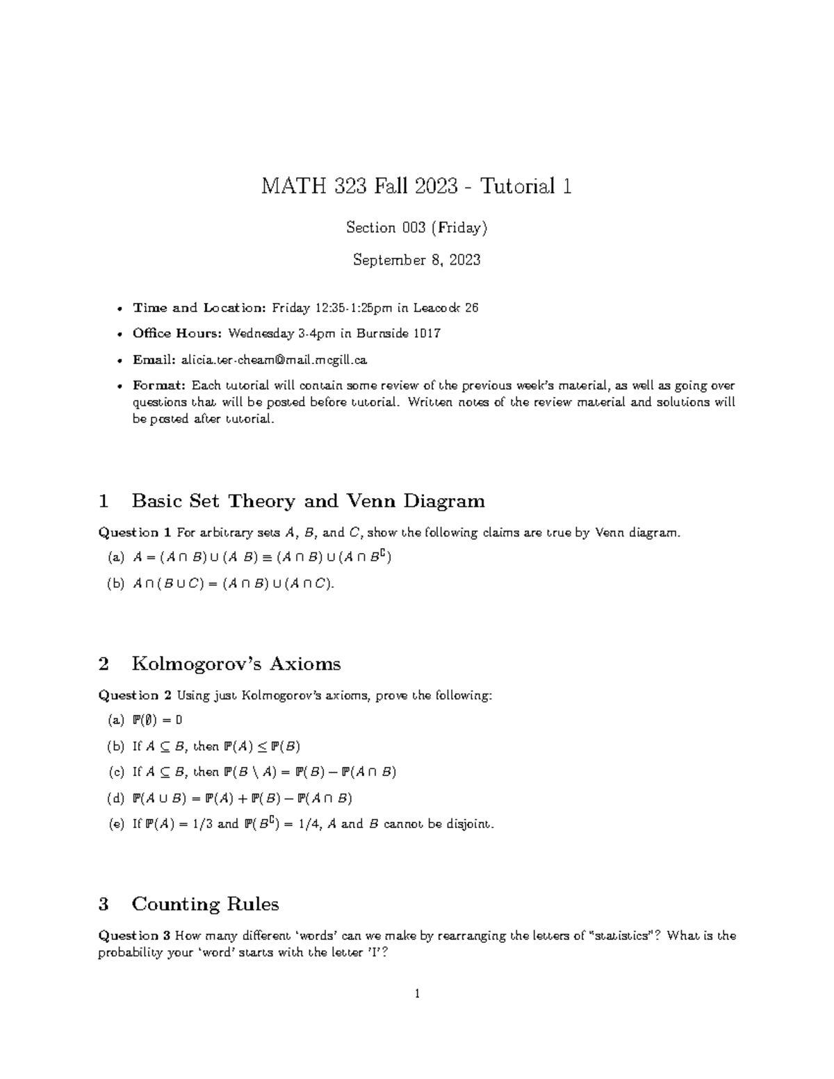 MATH 323 - Tutorial 1 - MATH 323 Fall 2023 - Tutorial 1 Section 003 ...