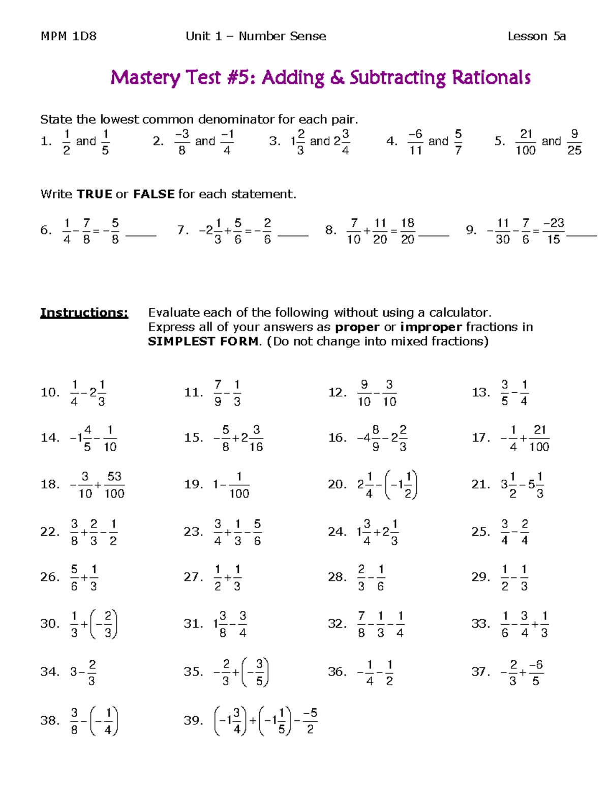 1.5 Adding and Subtracting Rationals - MPM 1D8 Unit 1 – Number Sense ...