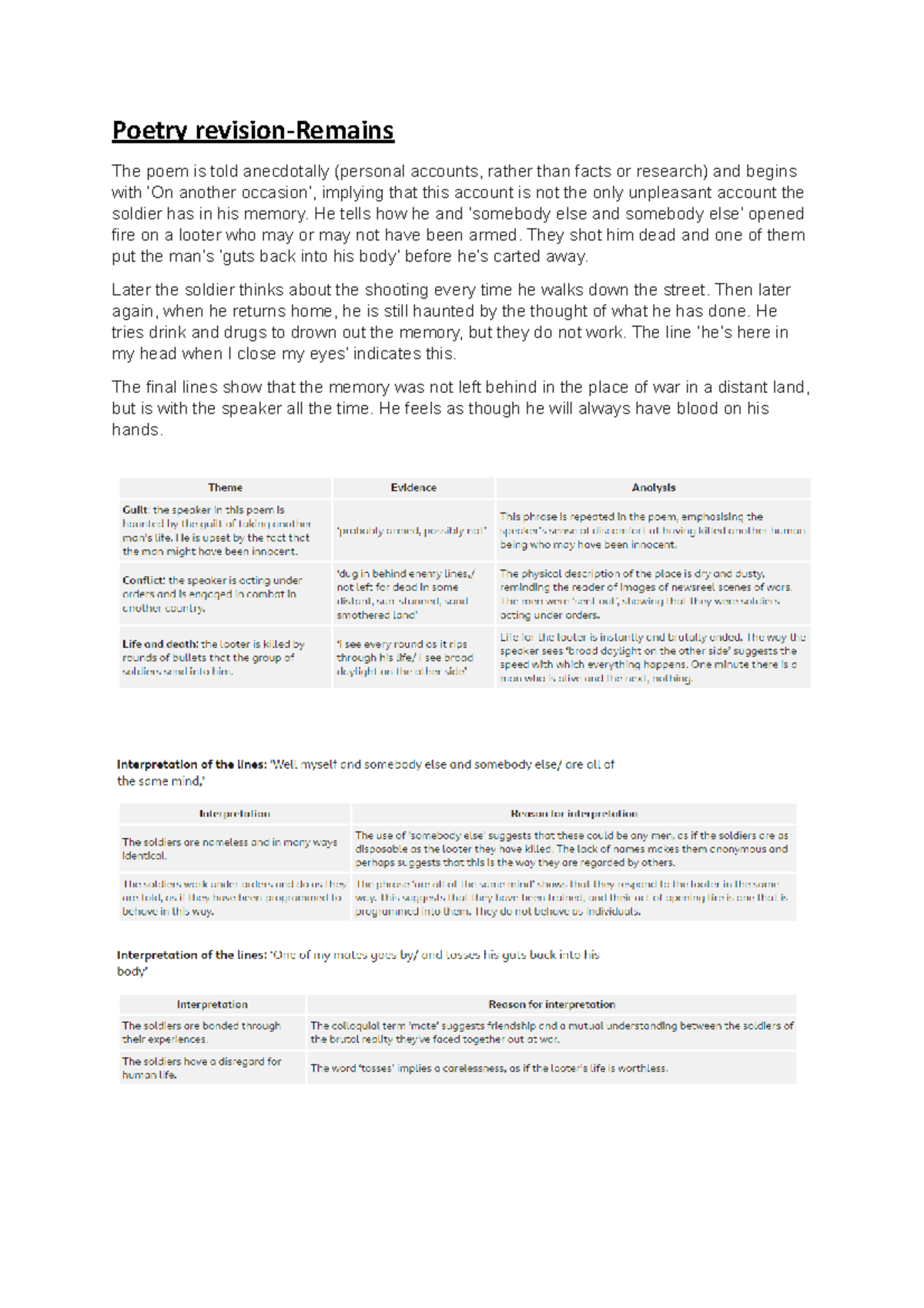 Poetry revision-Remains - He tells how he and ‘somebody else and ...