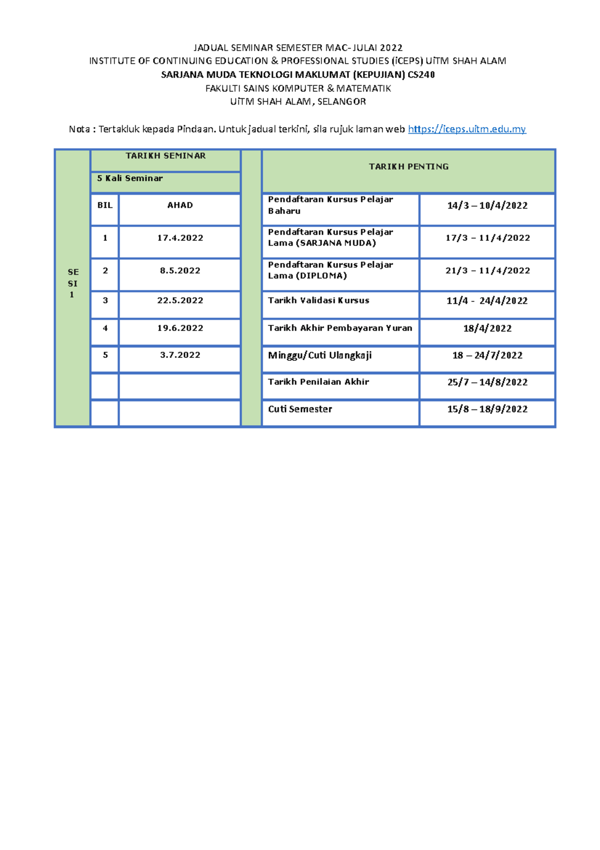 Jadual Sem 2022 - test1 - JADUAL SEMINAR SEMESTER MAC- JULAI 2022 ...