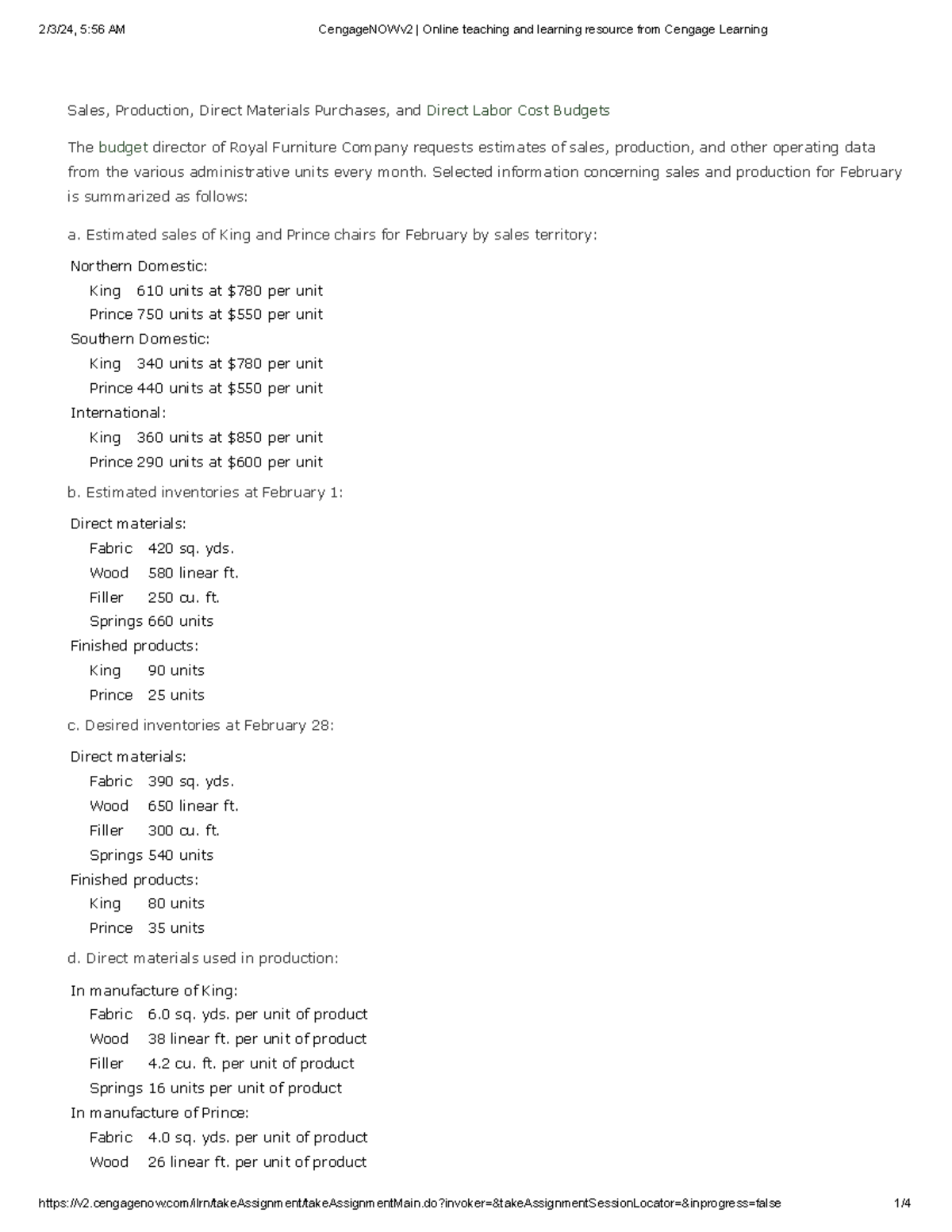 Cengage Questions - Sales, Production, Direct Materials Purchases, and ...