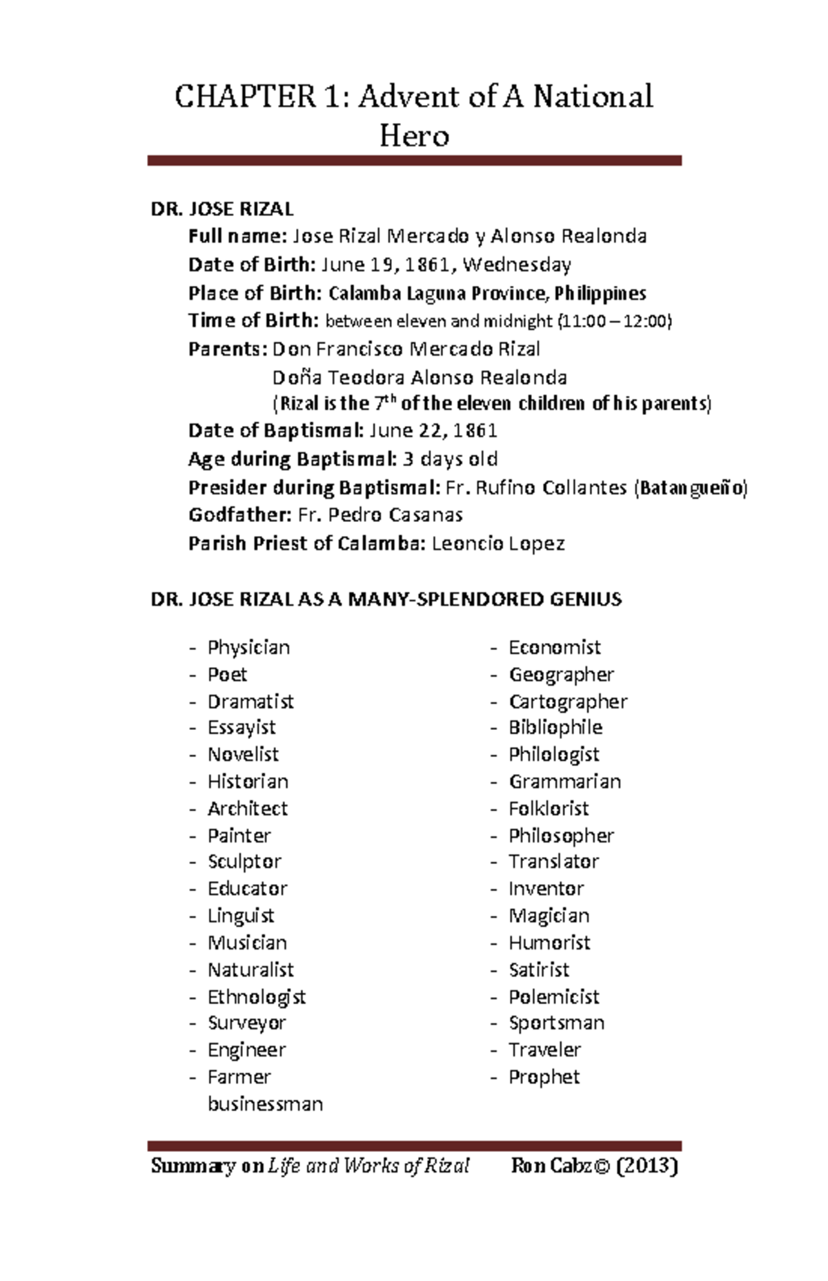 Pdfcoffee.com chapter-1docx-3-pdf-free - Hero DR. JOSE RIZAL Full name: Jose Rizal Mercado y ...