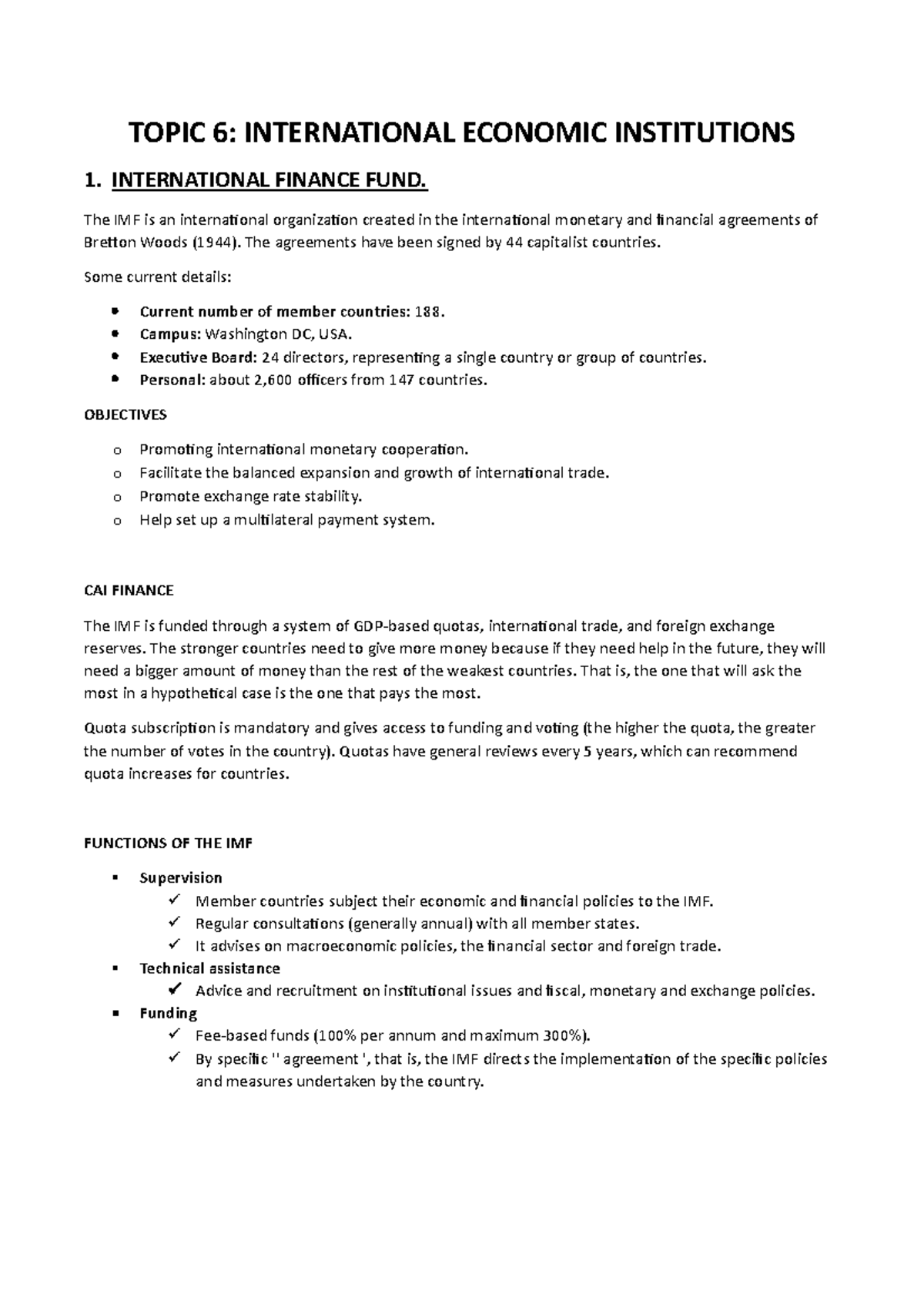 Unit 6 - Lecture notes 6 - TOPIC 6: INTERNATIONAL ECONOMIC INSTITUTIONS ...