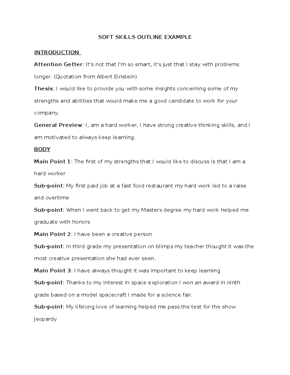 Outline Soft Skills Speech - SOFT SKILLS OUTLINE EXAMPLE INTRODUCTION ...