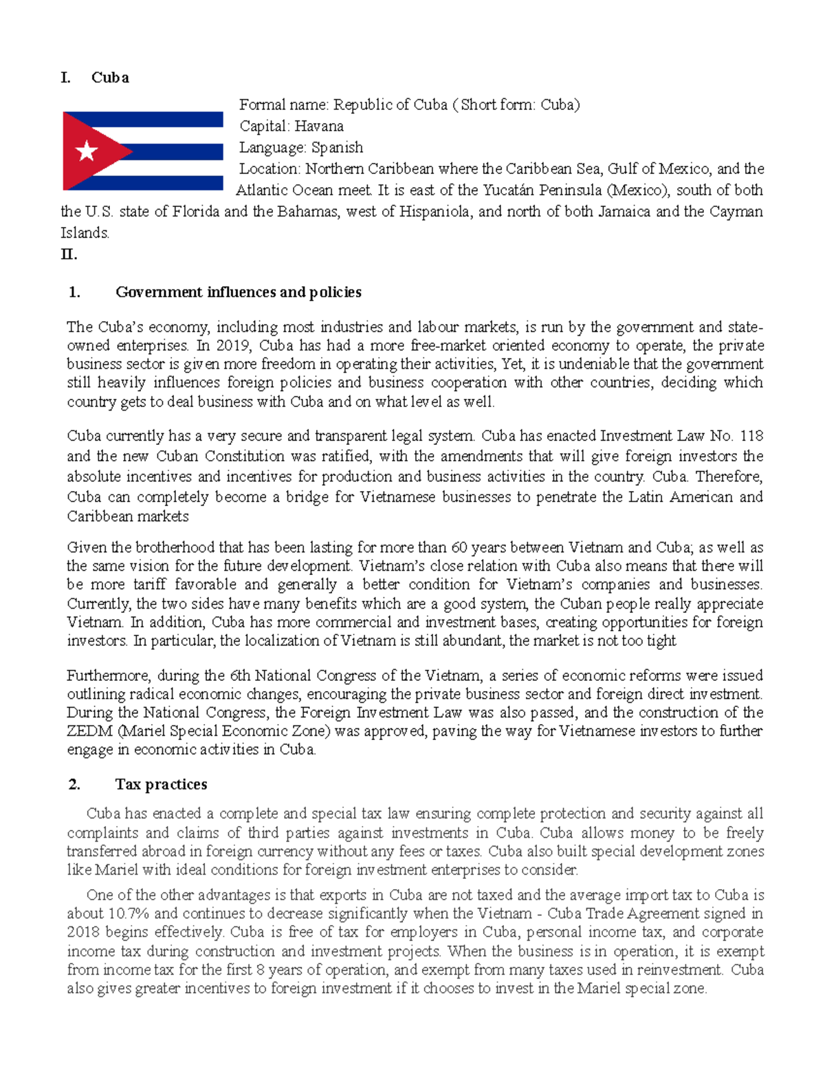 Cuba analysis: 1. Government influences and policies, 2. Tax practices ...
