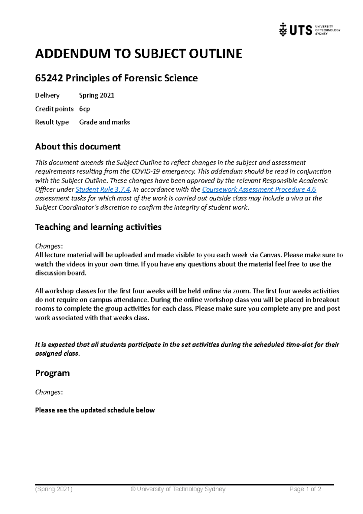 SO Addendum Template SPR21 v265242 Principles of Forensic Science approved - ADDENDUM TO SUBJECT ...