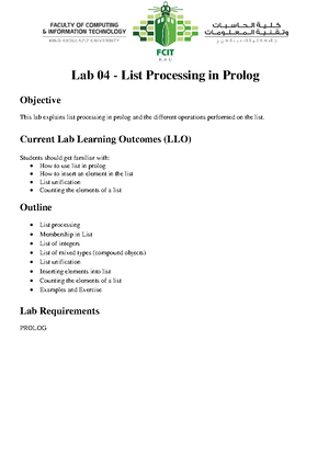 Lab 01 - Introduction to Prolog - Lab 01 - Introduction to Prolog Objective The purpose of this ...