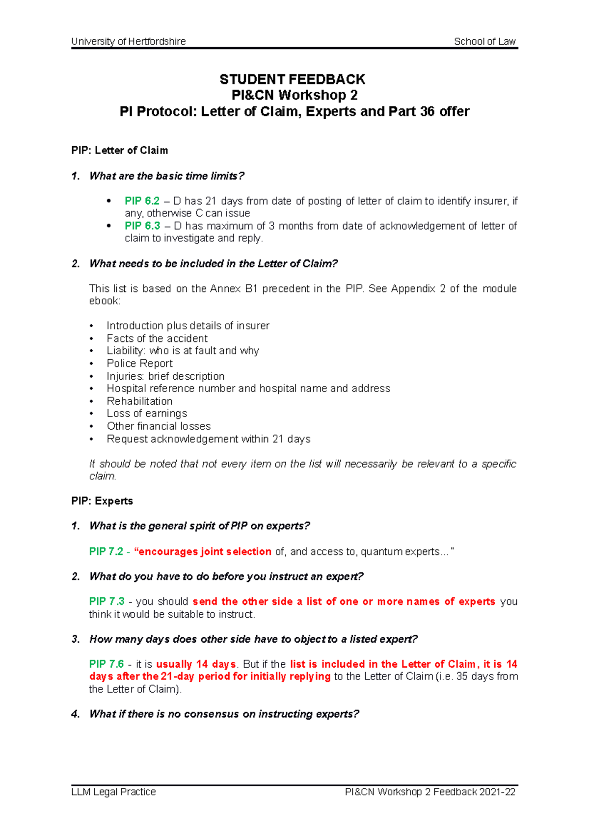 Workshop 2 on protocol letter of claim and experts - University of ...