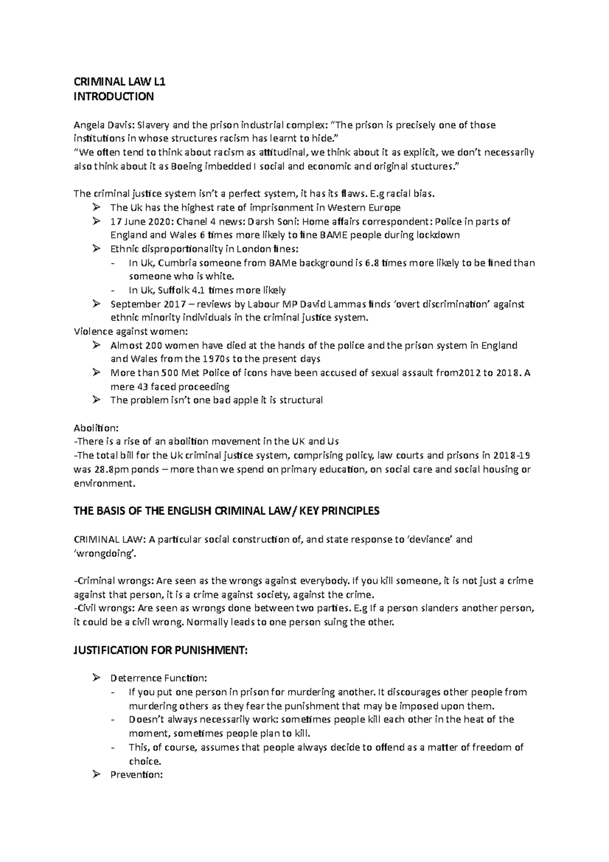 Criminal Law L1 - CRIMINAL LAW L INTRODUCTION Angela Davis: Slavery and the prison industrial ...