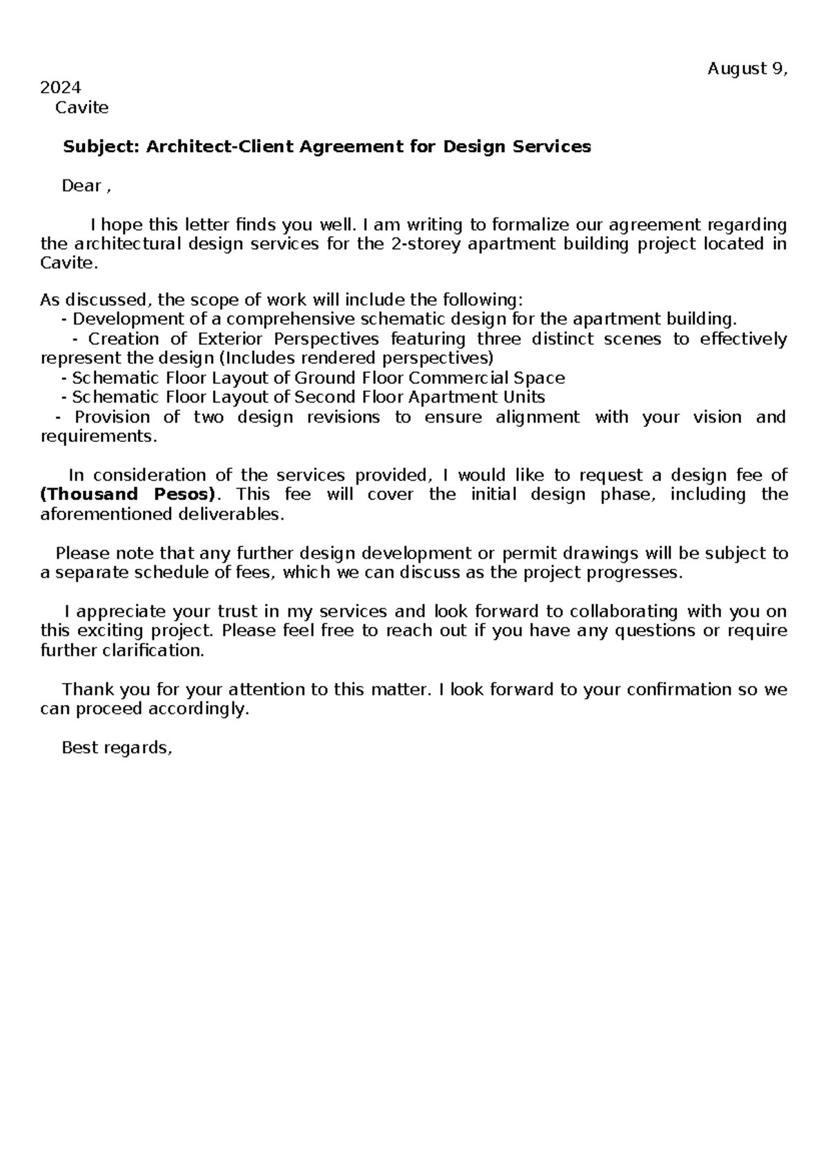 Architect-Client Acceptance - August 9, 2024 Cavite Subject: Architect ...