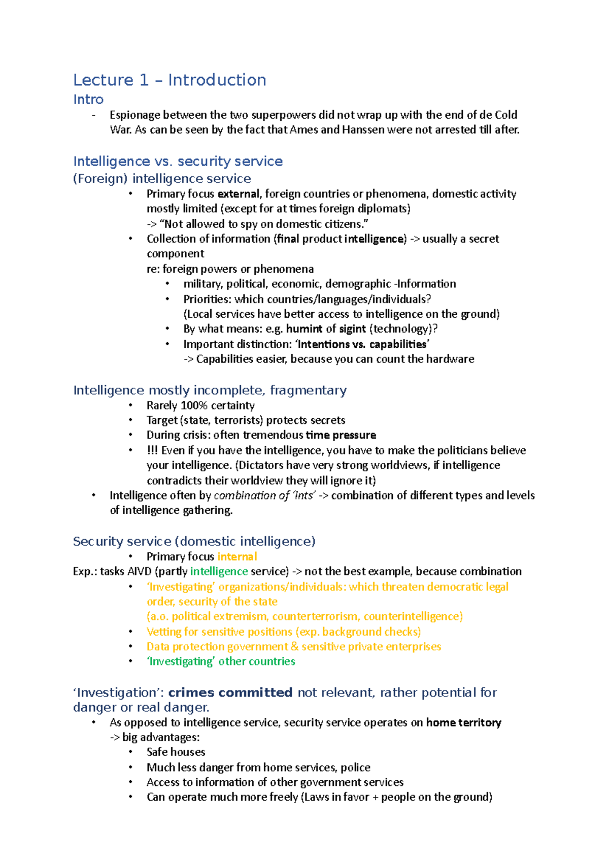 Notes Counter-intelligence - Lecture 1 – Introduction Intro - Espionage ...