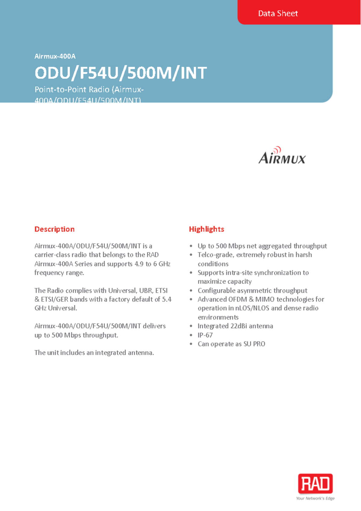 Airmux-400A ODU F54U 500M INT - Data Sheet Airmux-400A ODU/F54U/500M ...