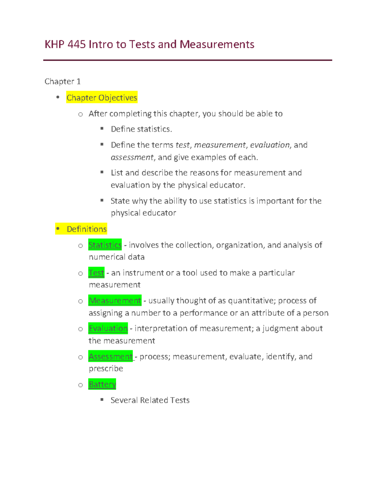 KHP 445 Notes - KHP 445 Intro to Tests and Measurements Chapter 1 ...
