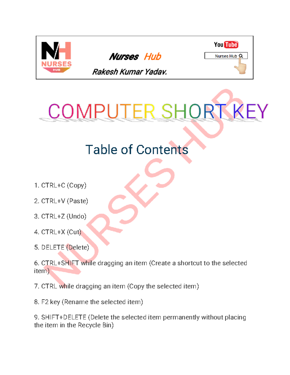 Computer Short KEY - needed - TableofContents 1 .CTRL+C(Copy) 2 .CTRL+V ...